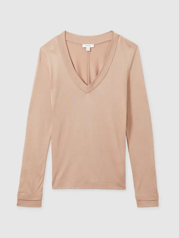 REISS Brady Jersey V-neck Top - Brown