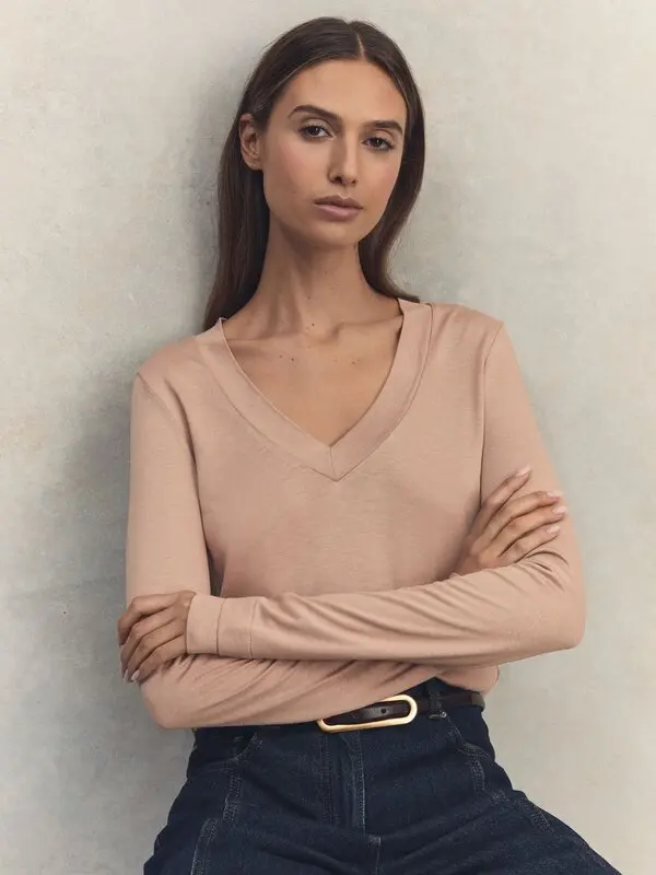 REISS Brady Jersey V-neck Top - Camel