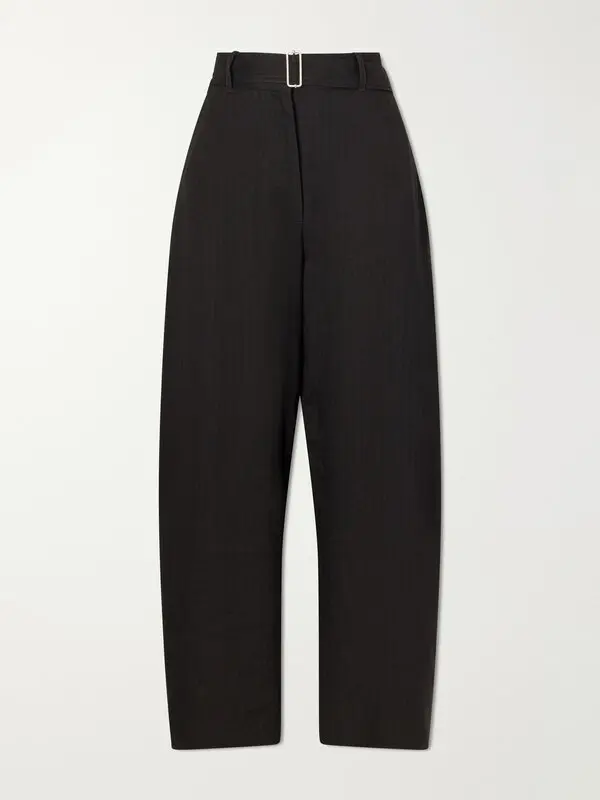 Studio Nicholson Chatto Belted Herringbone Cotton And Linen-blend Wide-leg Pants - Black