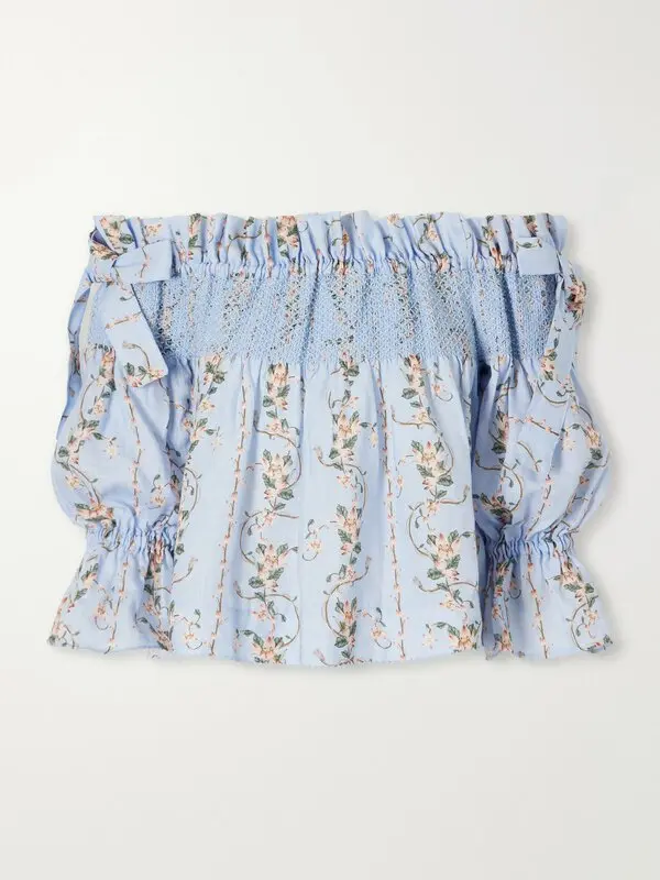 Agua Bendita Isla Navegante Printed Smocked Linen Blouse - Blue