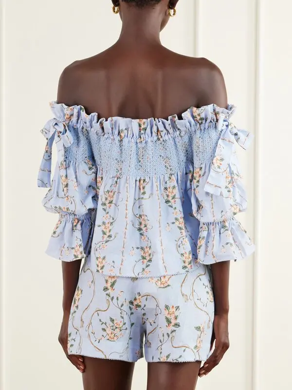 Agua Bendita Isla Navegante Smocked Printed Blouse
