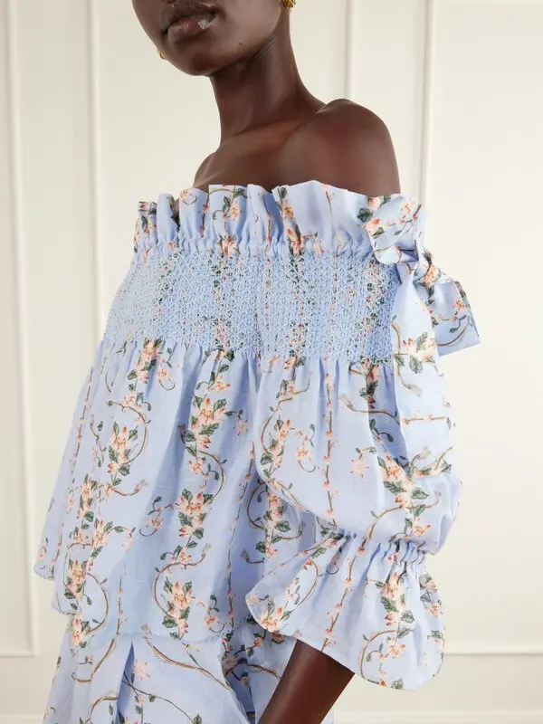 Agua Bendita Isla Navegante Smocked Printed Blouse