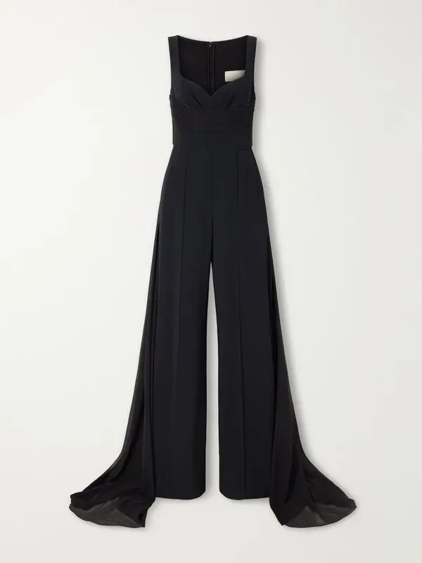 Elie Saab Ruched Chiffon-trimmed Silk-blend Cady Jumpsuit - Black