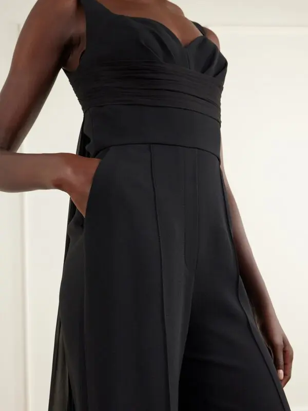 Elie Saab Ruched Chiffon-trimmed Silk-blend Cady Jumpsuit