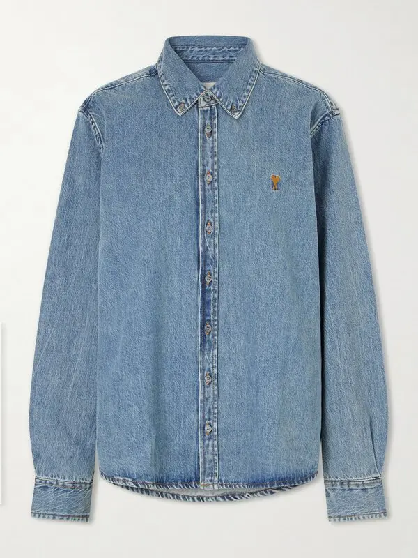 AMI Paris Logo-embroidered Denim Shirt - Blue