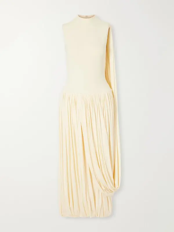 ABADIA Bamboo Asymmetrical Draped Midi Dress - Neutrals