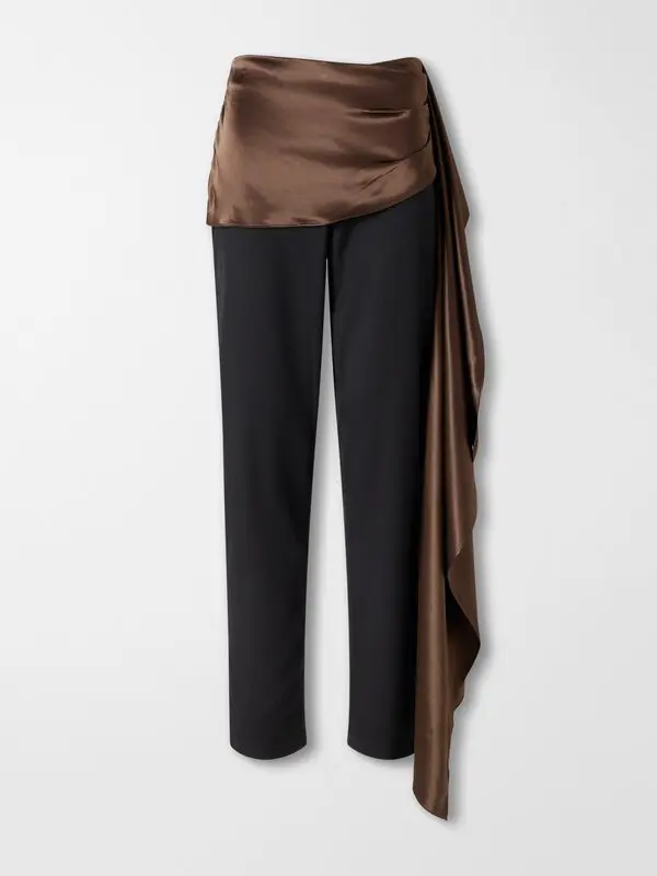 ABADIA Draped Satin-trimmed Wool-blend Twill Straight-leg Pants - Black