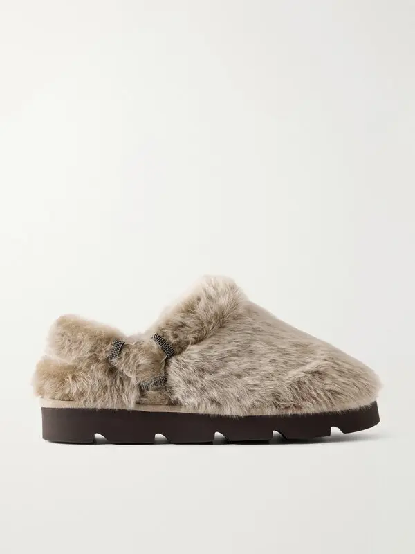 Brunello Cucinelli Monili-detailed Shearling Slip-ons - Gray