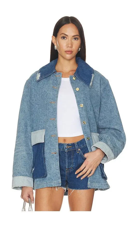 GANNI Patchwork Denim Midi Jacket In . Also - Blue