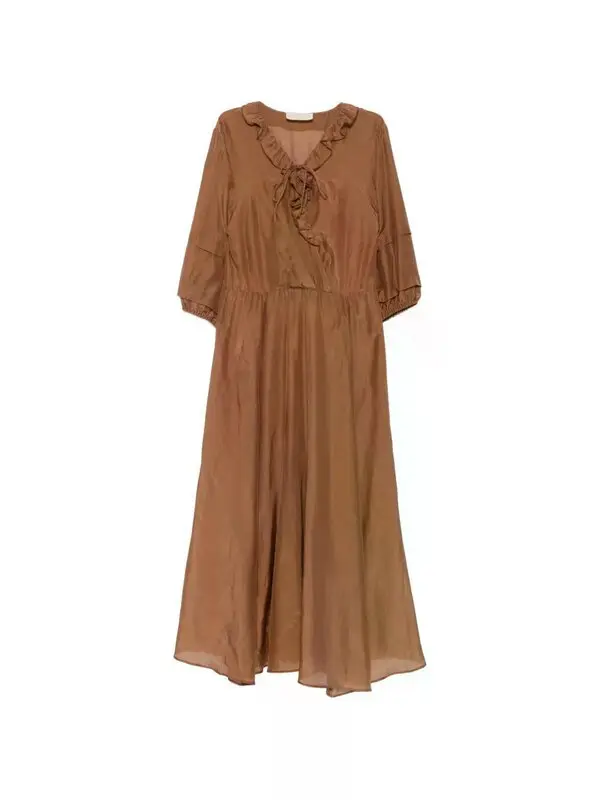 I BLUES Ruffle-trimmed V-neck Midi Dress - Brown