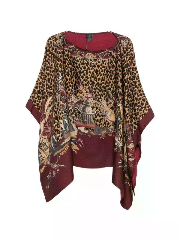 Etro Leopard-print Floral-pattern Poncho - Brown