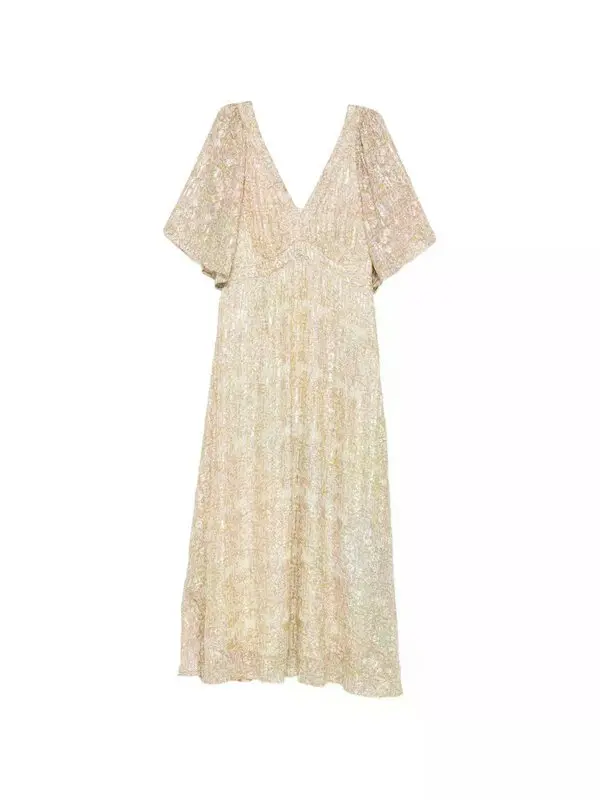 MAISON123 Floral-print Flutter-sleeve Midi Dress - Neutrals