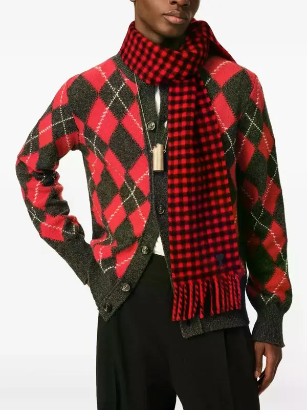 AMI Paris Checkered Wool Scarf With De Coeur - Red