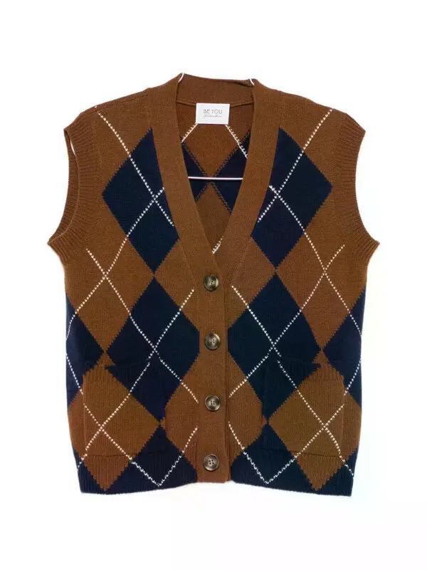 BEYOU Argyle Knit Button-up Gilet - Brown