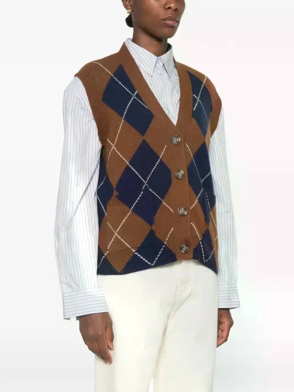 BEYOU Argyle Knit Button-up Gilet