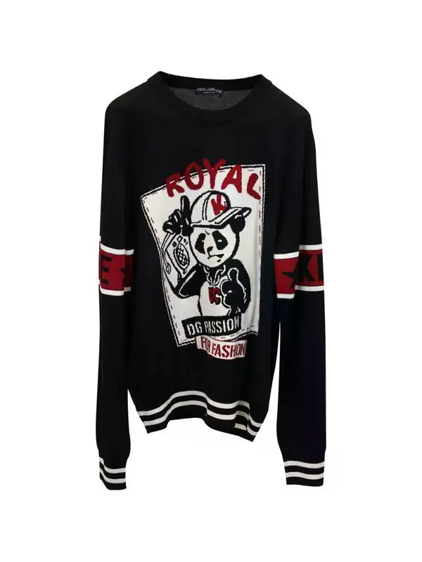 Dolce & Gabbana Virgin Wool Panda Print Crew Neck Sweater - Black
