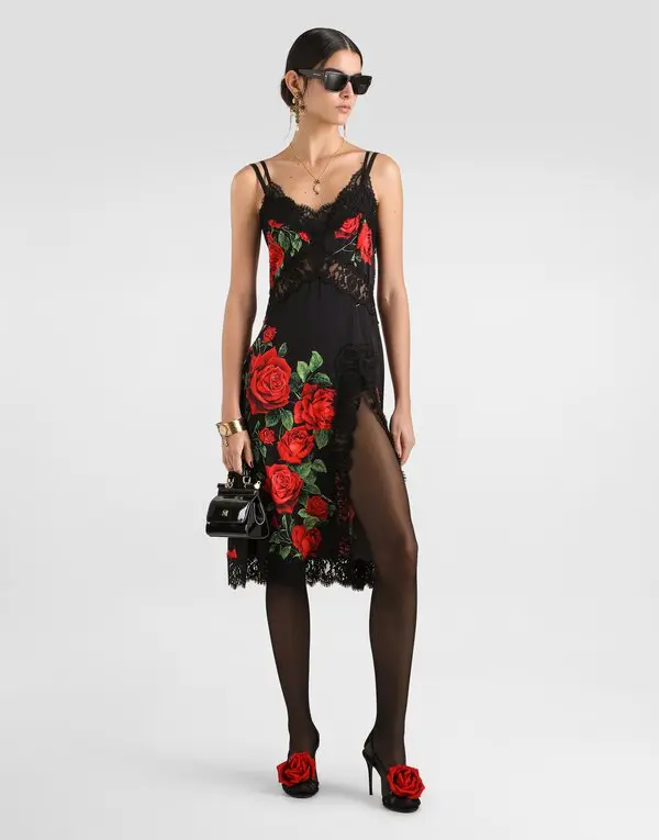 Dolce & Gabbana Rose-print Charmeuse Dress Dresses