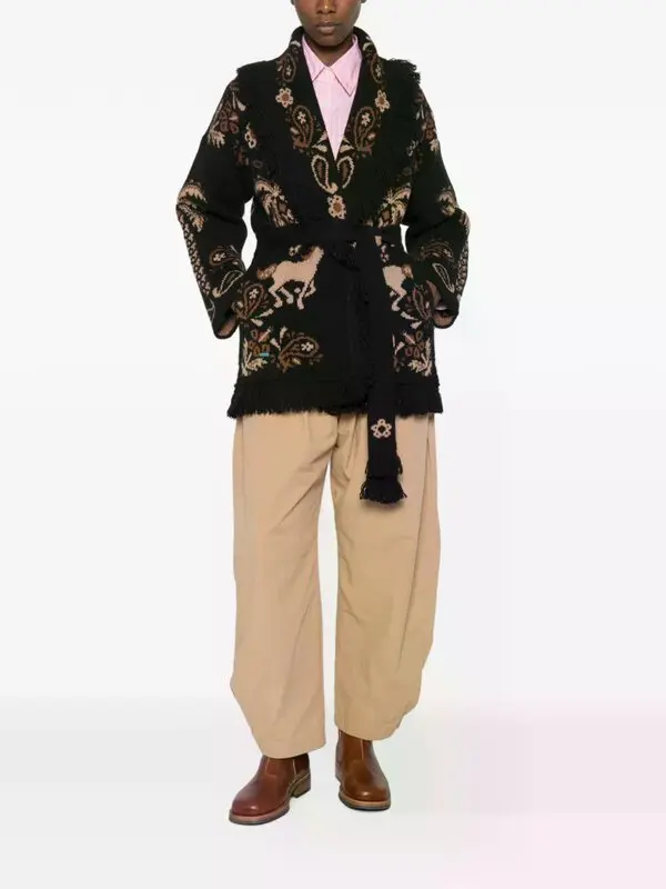 Alanui Fringe-trim Intarsia-knit Cardigan - Black