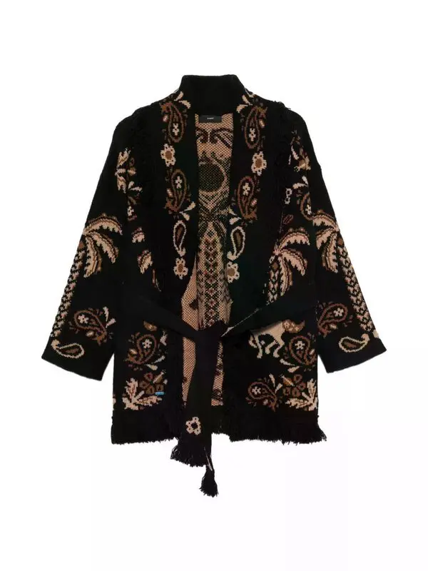 Alanui Fringe-trim Intarsia-knit Cardigan - Black