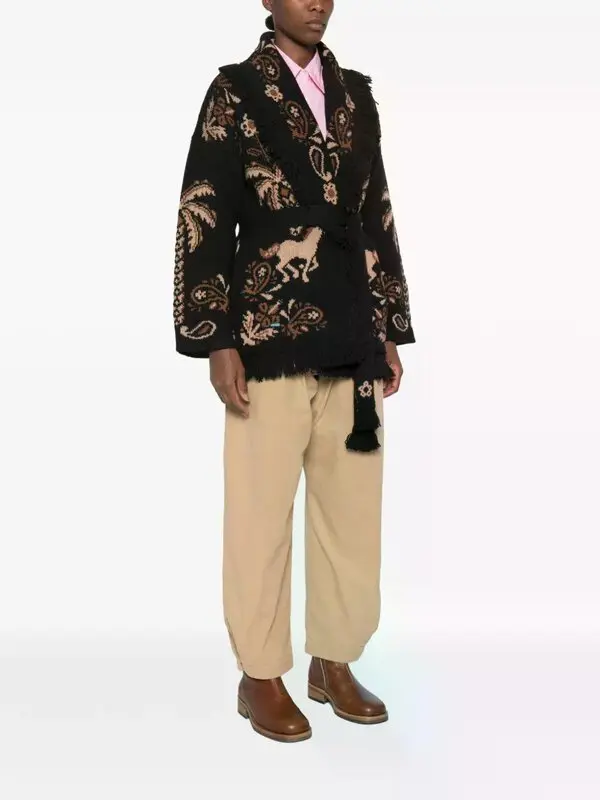 Alanui Intarsia Knit Fringe Trim Cardigan