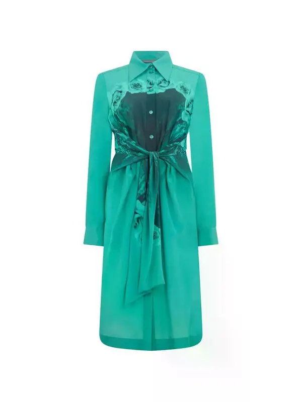 Alberta Ferretti Rose Print Belted Midi Shirt Dress - Blue