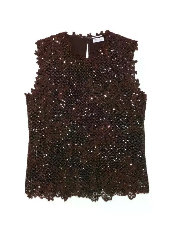 Brunello Cucinelli Sequin Embellished Crochet Knit Sleeveless Top