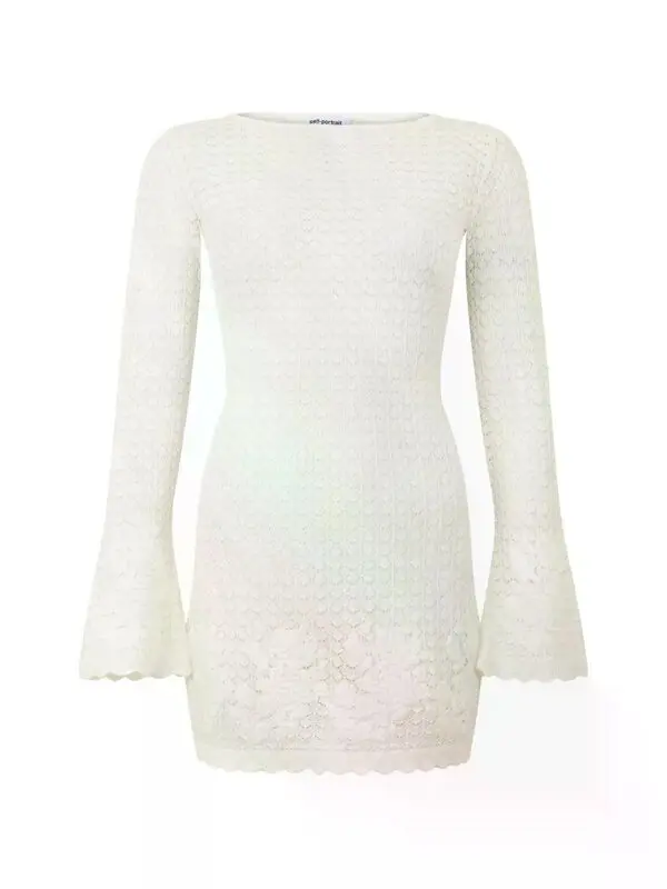SELF-PORTRAIT Crochet-knit Flared-sleeve Mini Dress - Neutrals