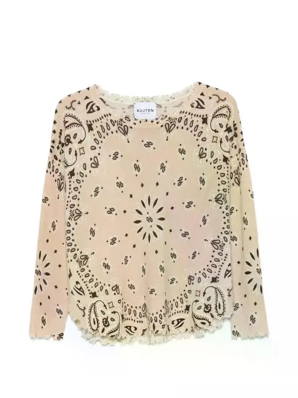 KUJTEN Bandana-print Distressed-edge Sweater - Neutrals