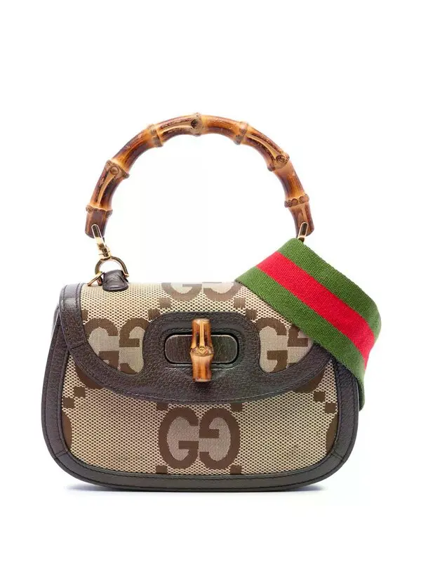 Gucci 2016-2026 Small Jumbo Gg Canvas Web Bamboo 1947 Top Handle Bag Satchel - Neutrals