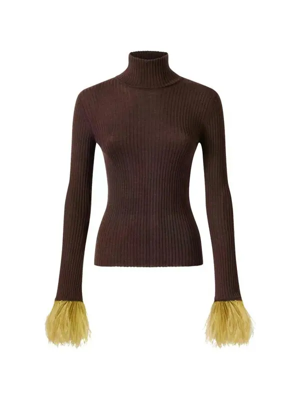 La DoubleJ Solid Cocoa In Ribbed Silk Cashmere With Feathers High Kick Top