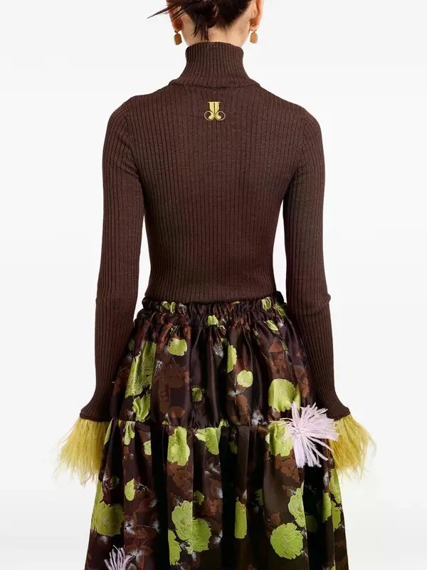 La DoubleJ Solid Cocoa In Ribbed Silk Cashmere With Feathers High Kick Top