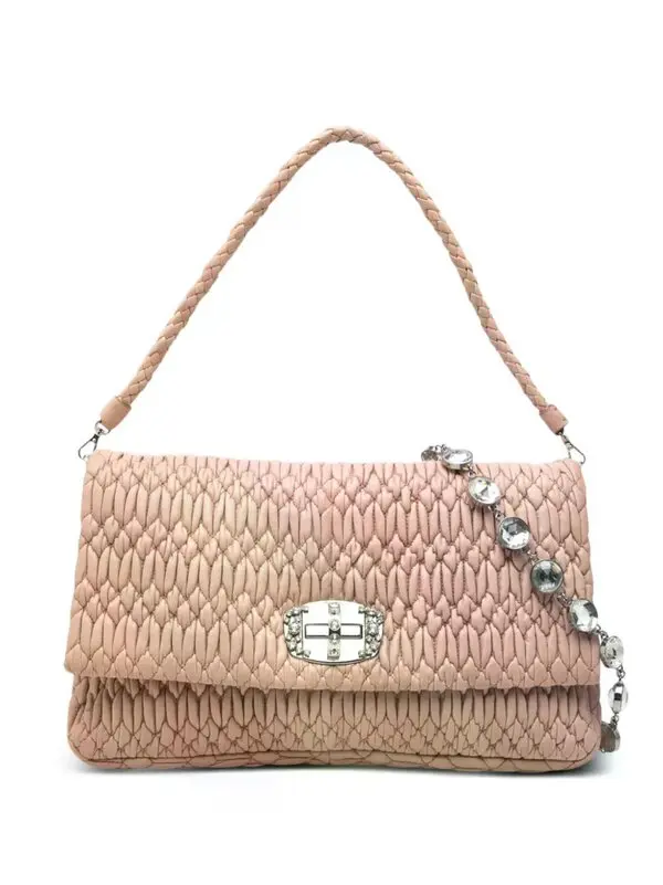 Miu Miu Matelassé Nappa Leather Satchel With Crystal Chain - Brown