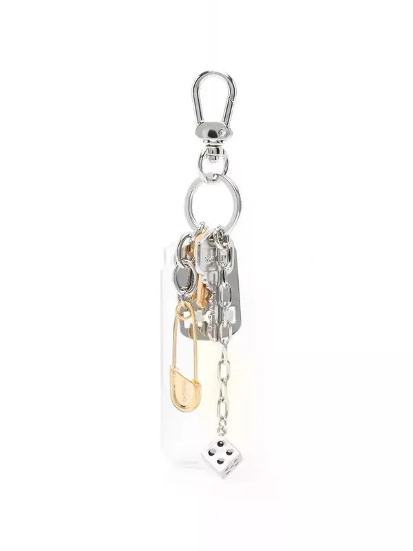 SYSTEM Charm Embellished Lobster Clasp Keyring With Safety Pin, Dice, And Razor Blade Charms - Silver