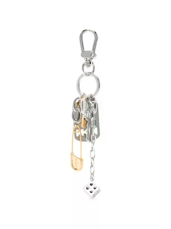 SYSTEM Charm Embellished Lobster Clasp Keyring With Safety Pin, Dice, And Razor Blade Charms