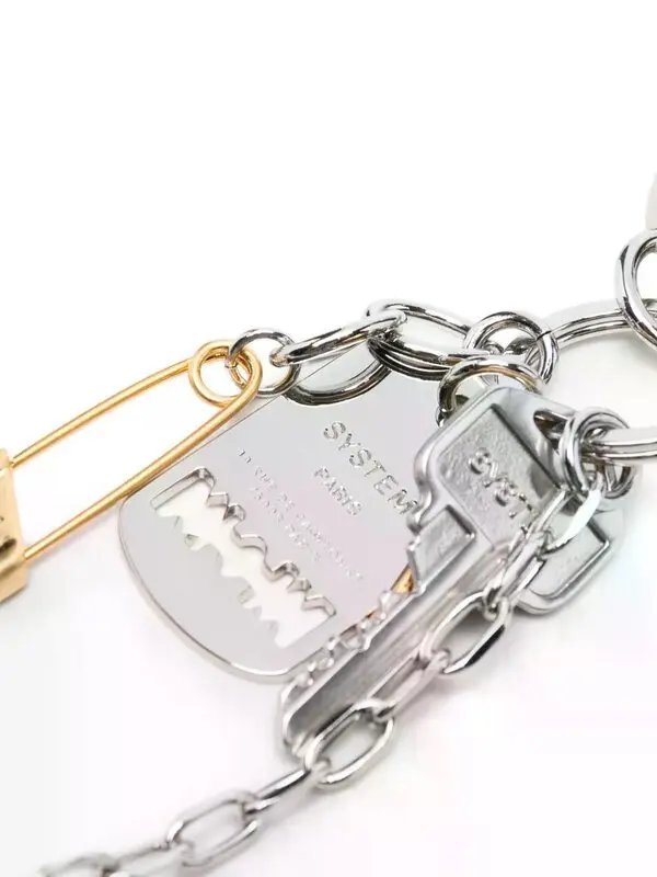 SYSTEM Charm Embellished Lobster Clasp Keyring With Safety Pin, Dice, And Razor Blade Charms