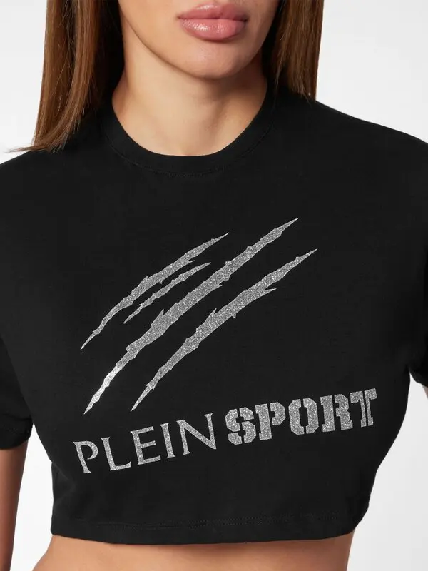 PLEIN SPORT Cropped Cotton T-shirt With Contrast Glitter Logo - Black