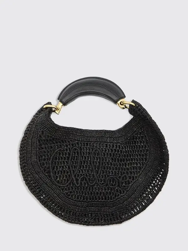 Chloé Summer Banana Crochet Raffia Tote Bag With Embroidered Logo - Black