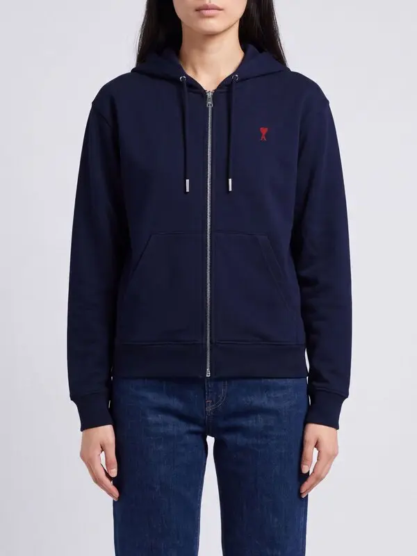AMI Paris Cotton Zip-up Hoodie With Embroidered Logo - Blue