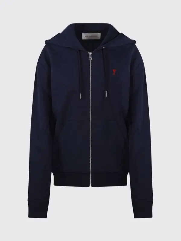 AMI Paris Cotton Zip-up Hoodie With Embroidered Logo - Blue