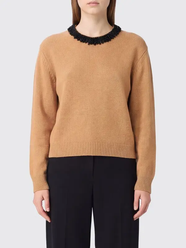 SEMICOUTURE Crystal-embellished Wool And Cashmere Crewneck Sweater - Camel