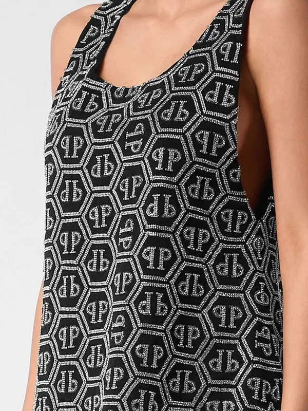 Philipp Plein Off-the-shoulder A-line Crêpe Mini Dress With Rhinestone Logo