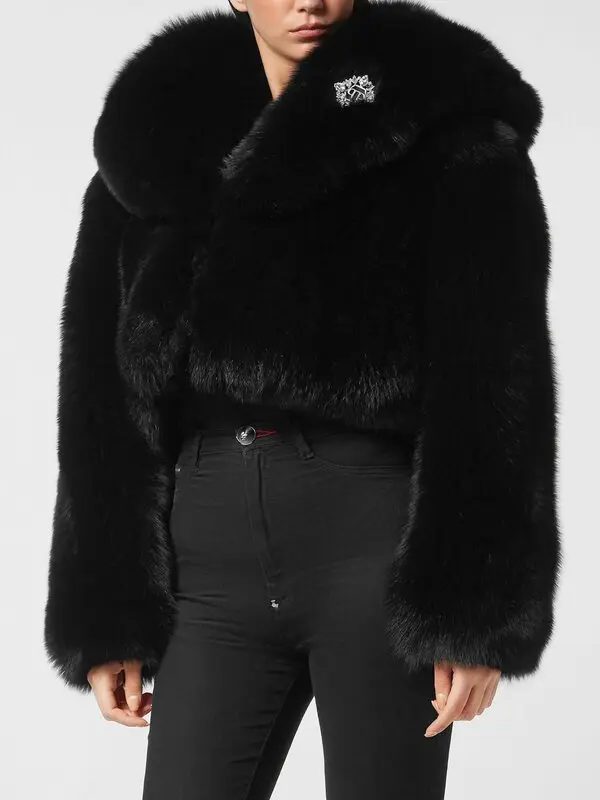 Philipp Plein Cropped Fox Fur Jacket With Crystal Embellishments - Black