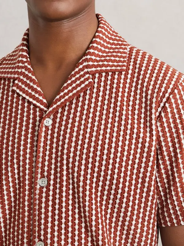 REISS Rust Red & White Textured-stripe Cuban-collar Shirt - Rust Red/white