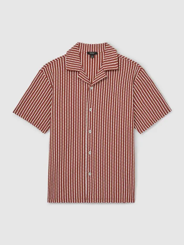 REISS Rust Red & White Textured-stripe Cuban-collar Shirt