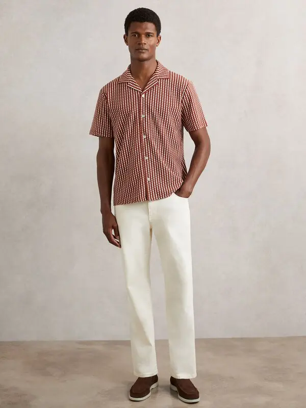 REISS Rust Red & White Textured-stripe Cuban-collar Shirt