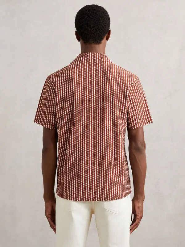 REISS Rust Red & White Textured-stripe Cuban-collar Shirt