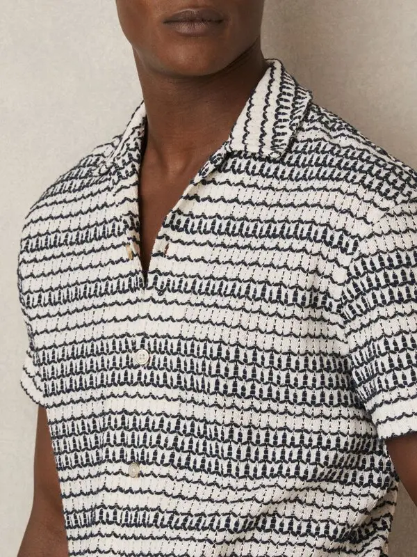 REISS White & Black Crochet Cuban-collar Shirt