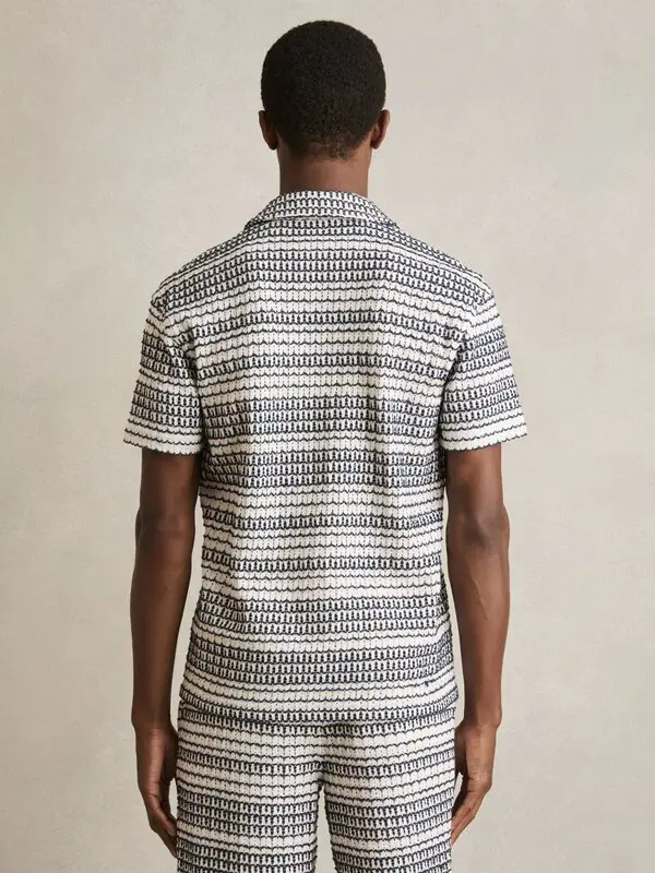 REISS White & Black Crochet Cuban-collar Shirt