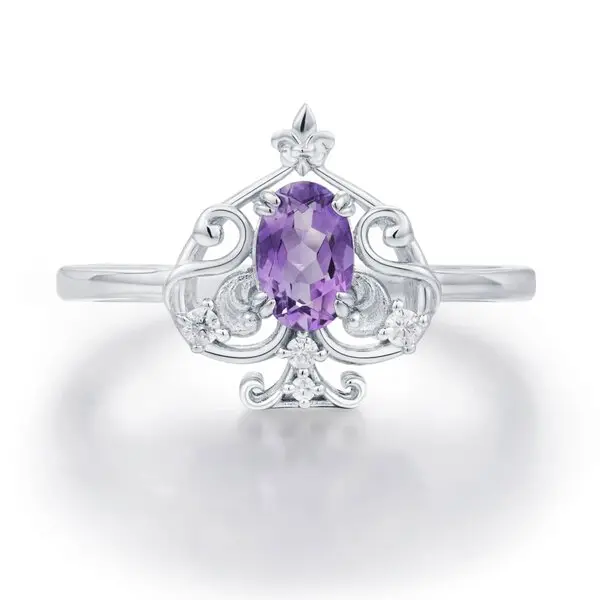 AZURA JEWELRY NEW YORK Leafy Spade Amethyst Ring In White Gold Vermeil - Silver