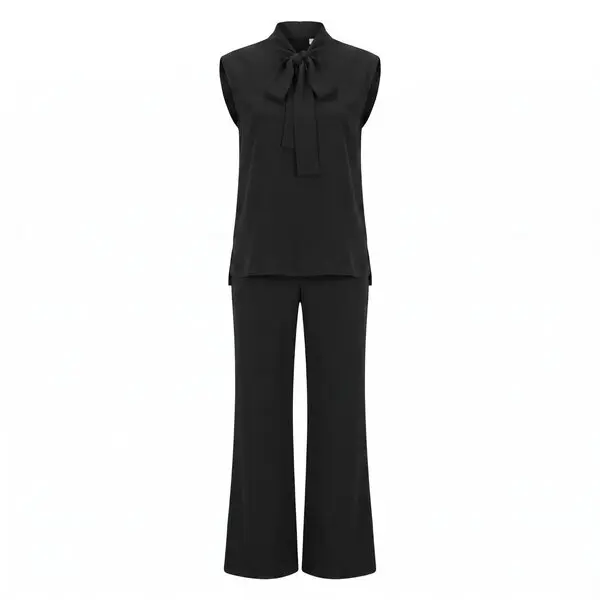 MODENAIRE Sleeveless Tie-neck Blouse And Wide Leg Trouser Set - Black